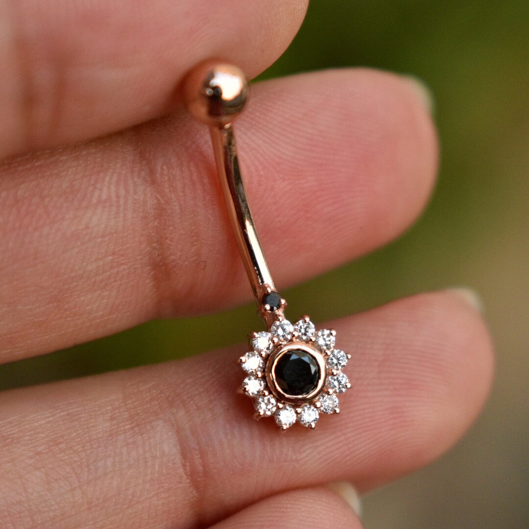 Natural Black & White Diamond Belly Button Ring, 14k 18k Solid Gold ...