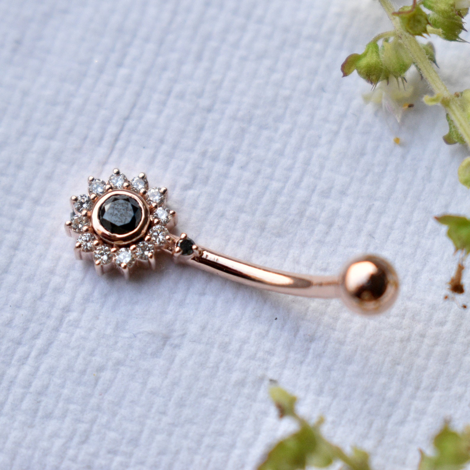 Natural Black & White Diamond Belly Button Ring, 14k 18k Solid Gold ...