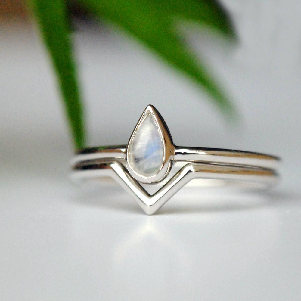 5x3mm Pear Moonstone Wedding Ring Set 14K Solid Rose Gold - Etsy Canada