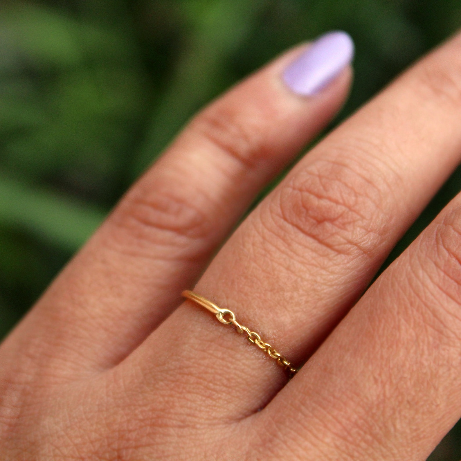 18K Solid Gold Chain & Band Ring, Simple Skinny Gold Stacking Ring ...