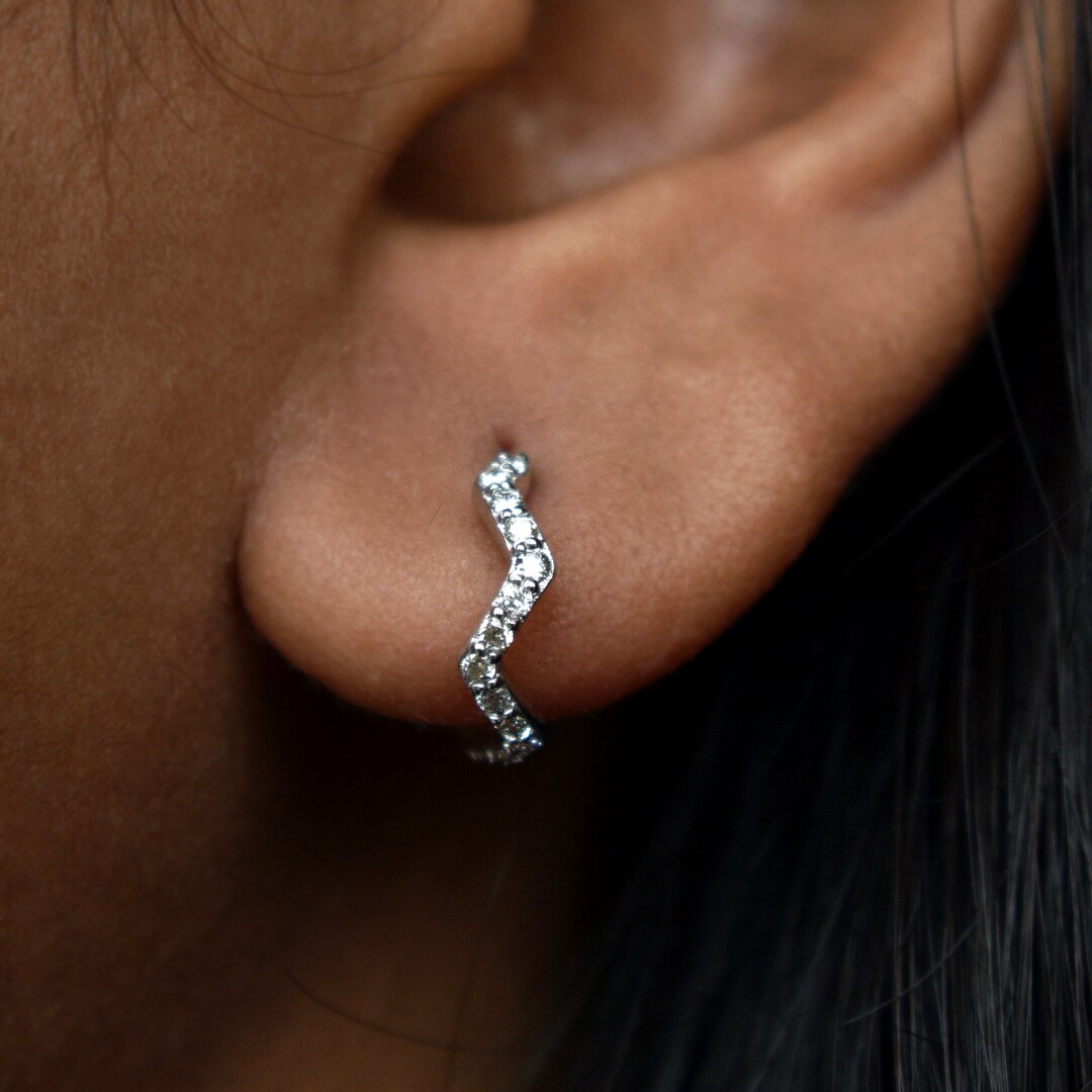 Zig Zag Natural Diamond Clicker, 5mm - 13mm 14k 18k Solid Gold Hoop ...