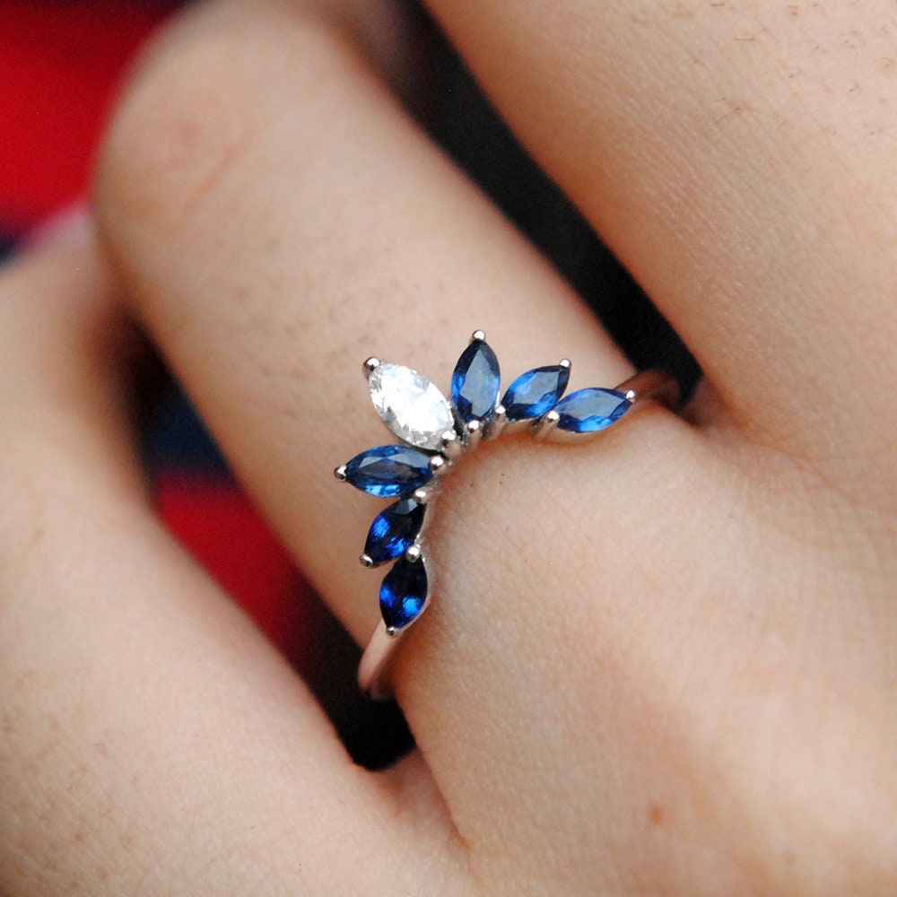 Diamond and Sapphire 14K Gold Curved Bridal Stack Ring | Etsy