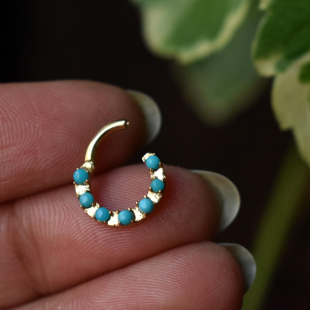Natural Turquoise Daith Septum Ring, 14k 18k Solid Gold Gemstone Nose ...