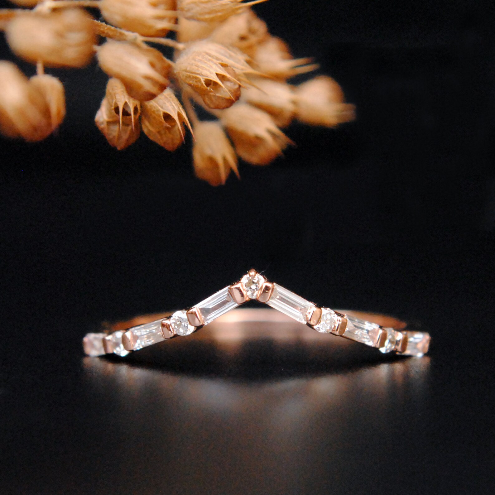 Chevron V Ring Round Baguette Diamond Ring Stackable Bridal | Etsy