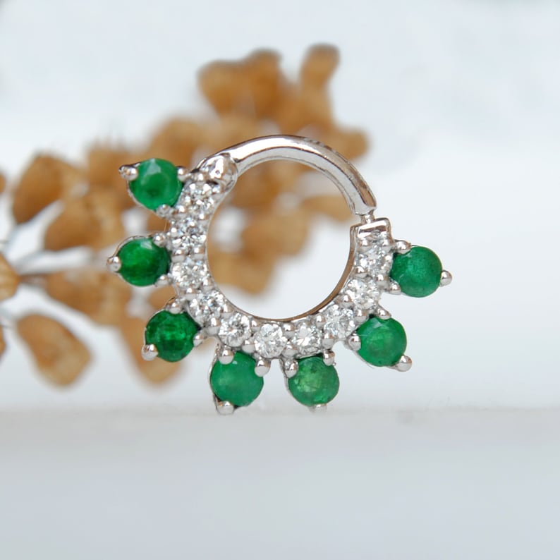 6-12mm Emerald & Diamond Clicker Hoop 14k 18k Solid Gold - Etsy