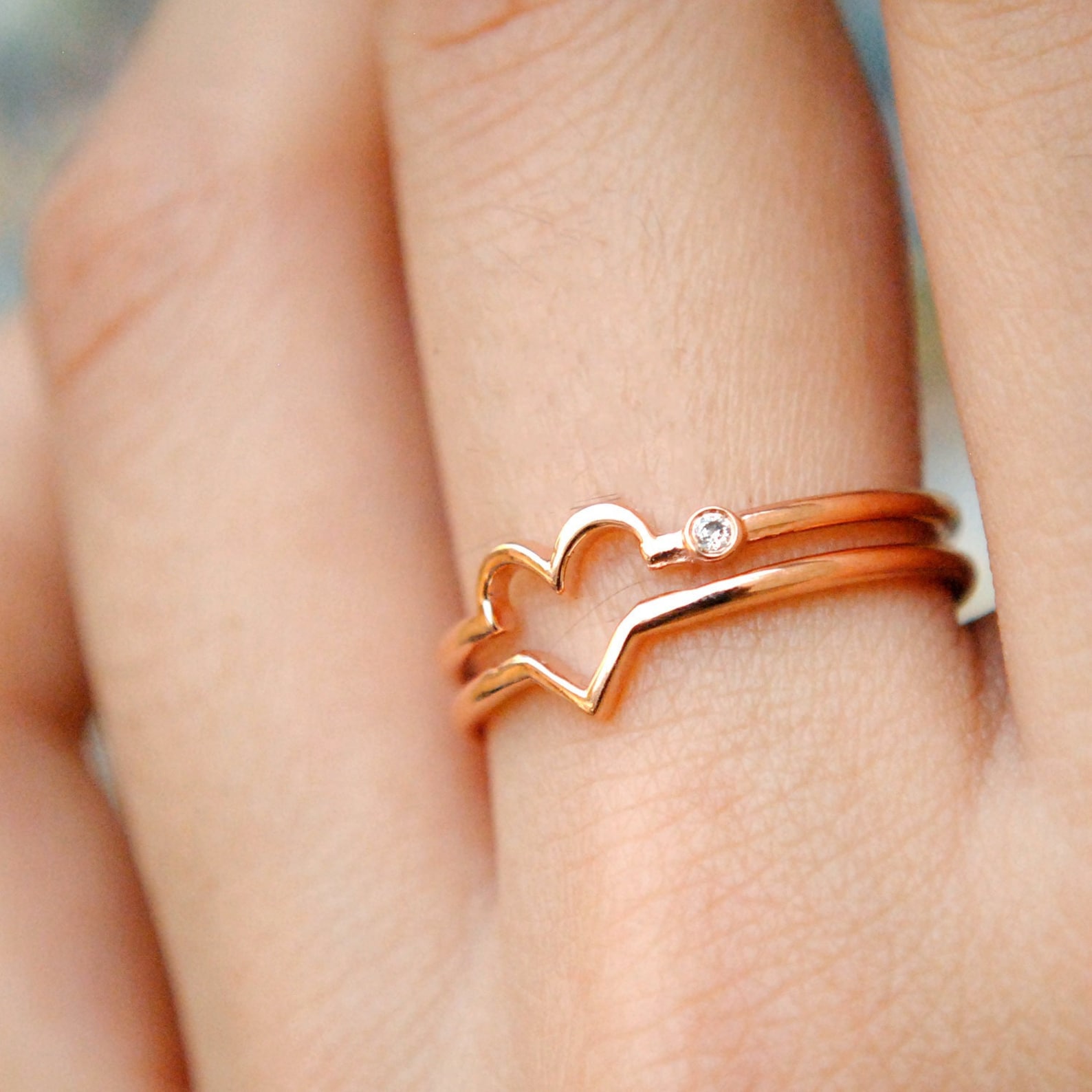 Love Heart Ring With Small Diamond in 14K Solid Gold Double - Etsy
