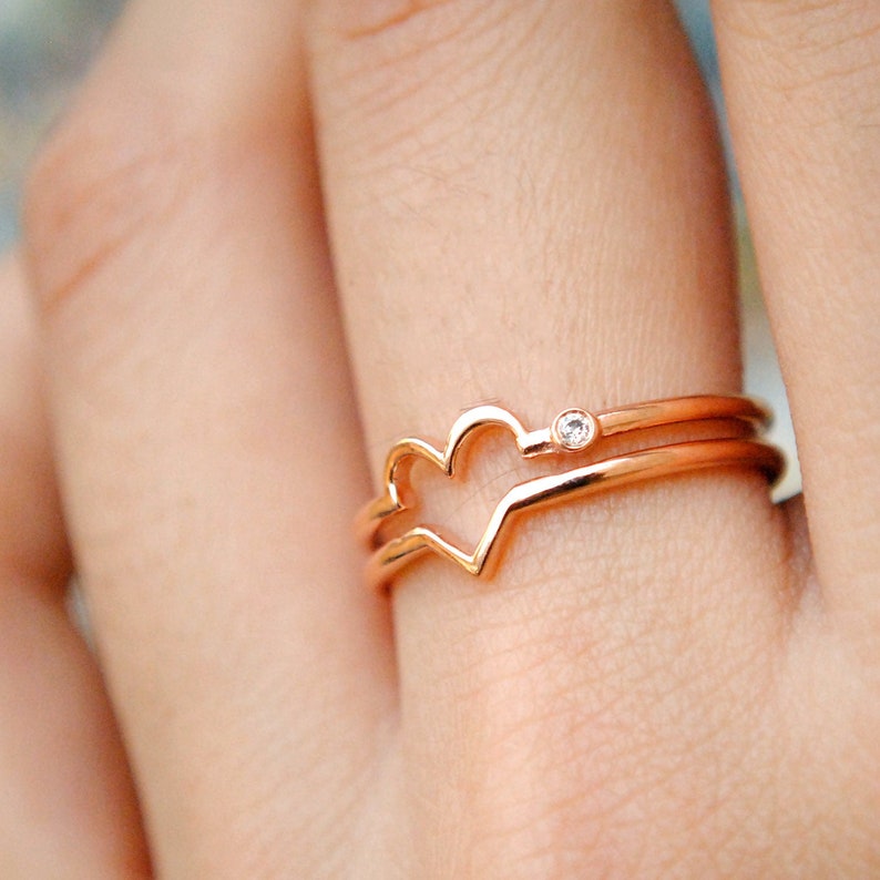 Love Heart Ring With Small Diamond in 14K Solid Gold Double - Etsy