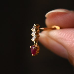 Natural Baguette Diamonds & Pear Ruby Tiny Dangle Stud,14k 18k Solid ...