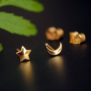 Star Moon 14K Solid Gold Stud Earrings, Celestial Flatback Pushback Studs, Cartilage Helix ...