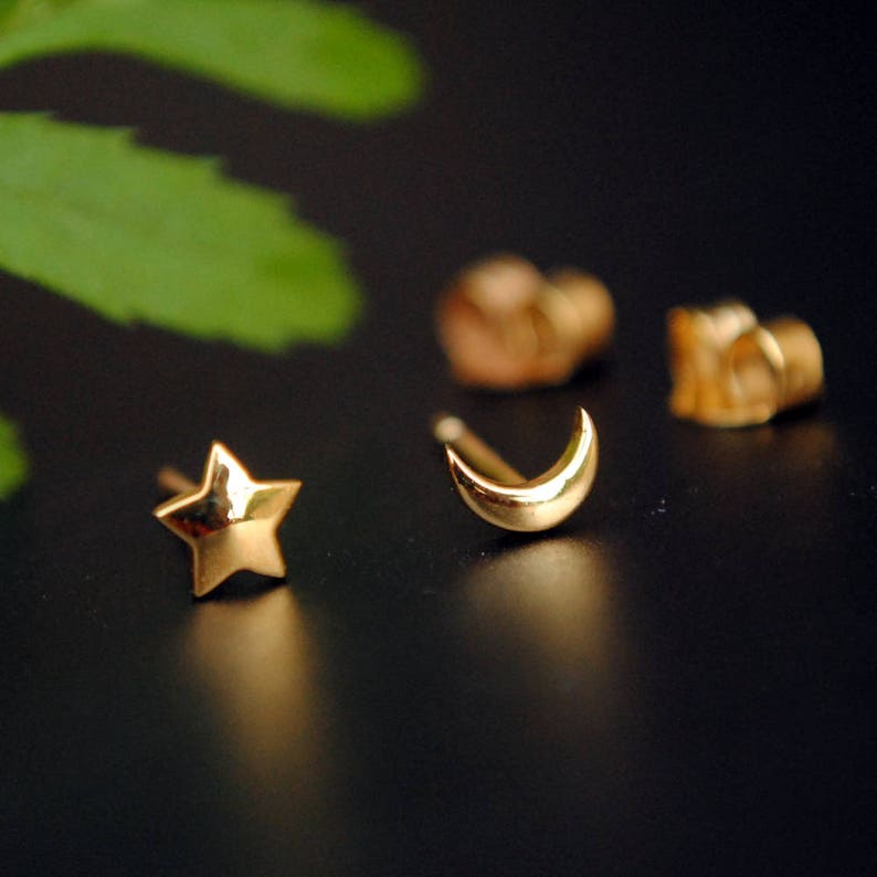 Star Moon 14K Solid Gold Stud Earrings, Celestial Flatback Pushback Studs, Cartilage Helix ...