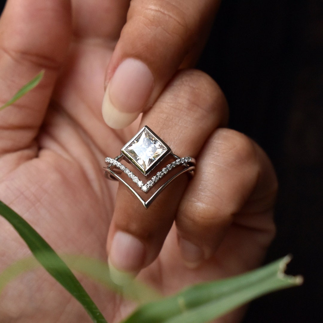 3pc INTERLOCKING RINGS Set, 6.5mm Princess Moissanite Solitaire Engagement Bridal Ring Set, 14k ...