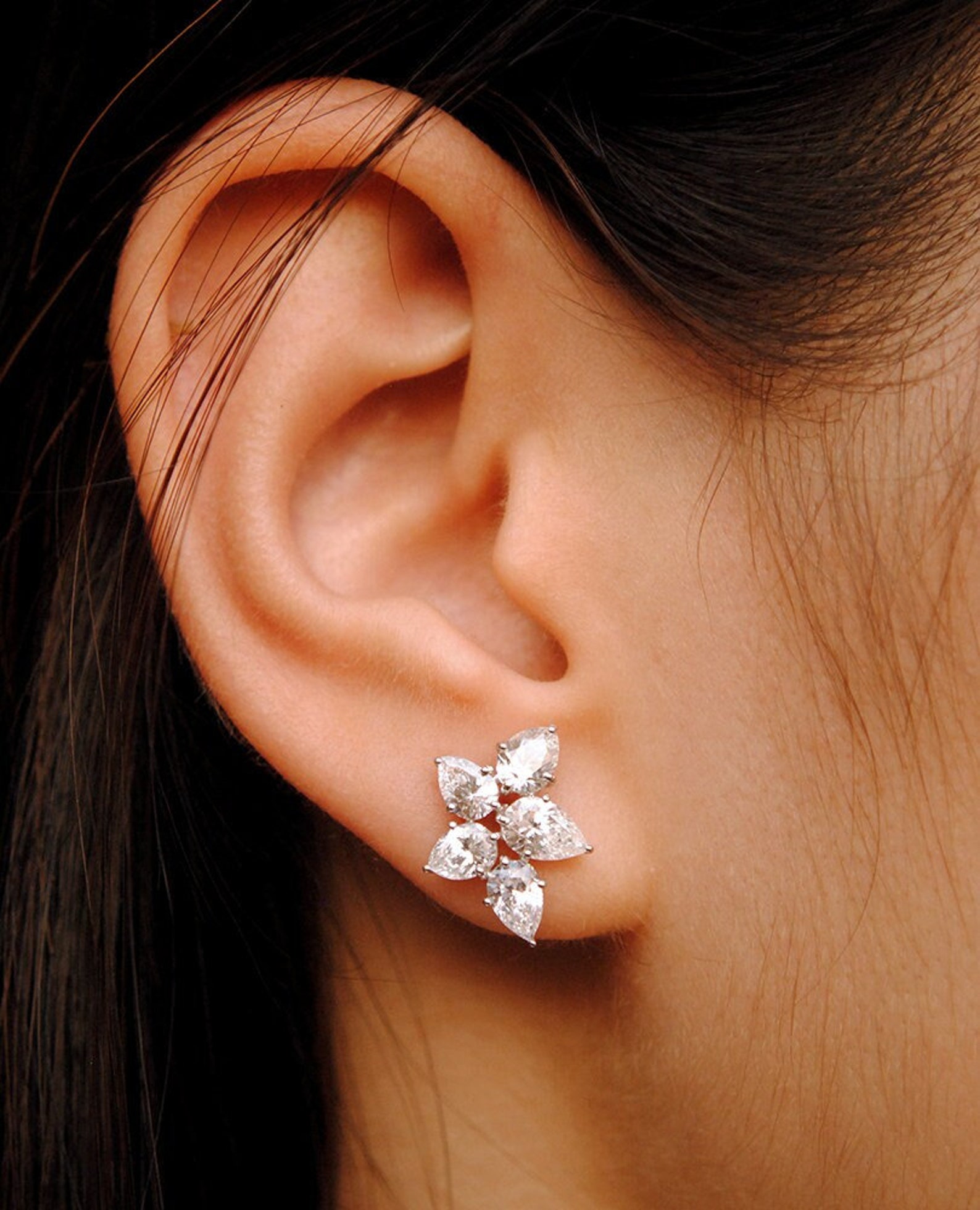 Big Pear Natural Diamond Cluster Ear Clips, 14k 18k Solid Gold Bridal ...