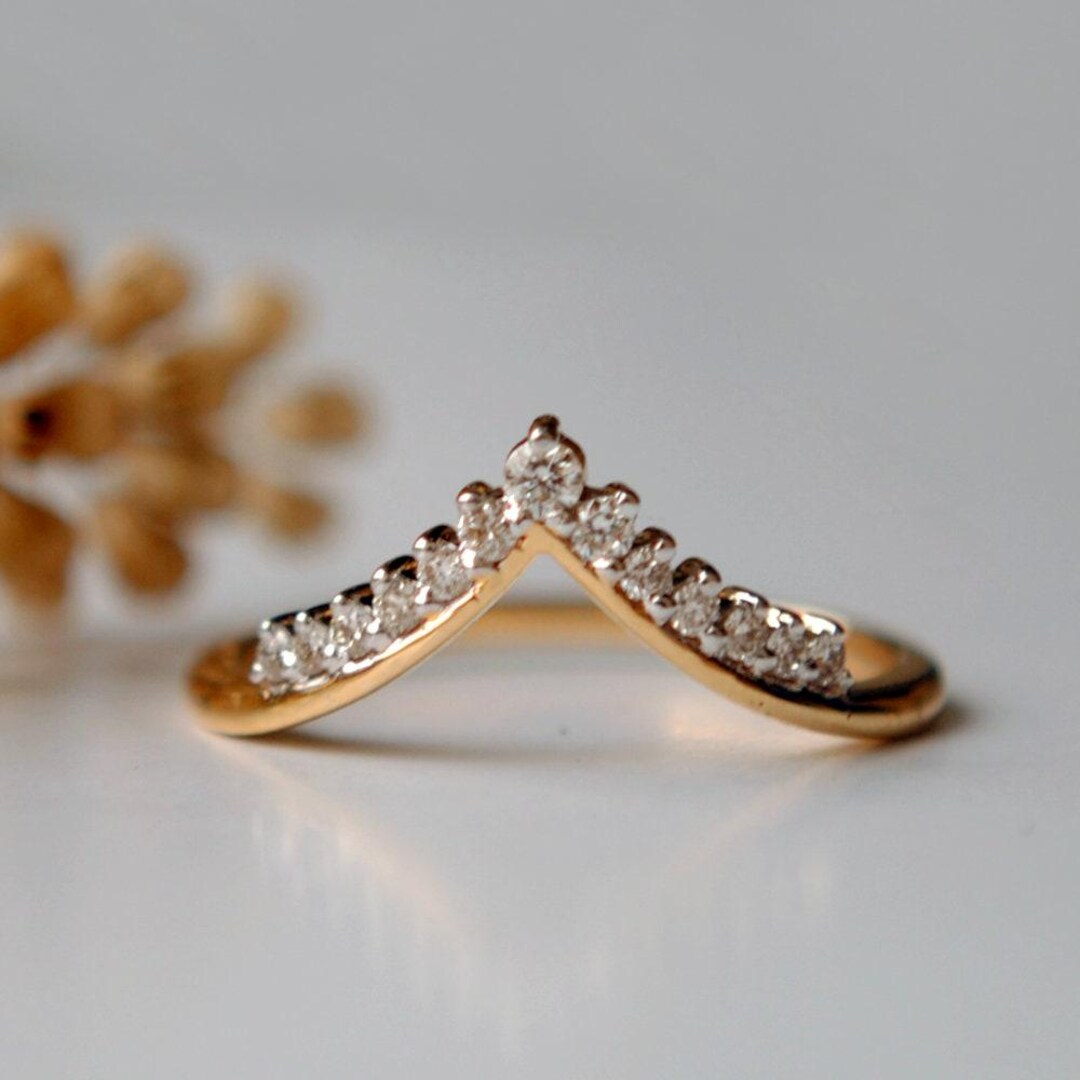 Natural Diamond Chevron Tiara Ring, 14K 18K Gold Wishbone Bridal V ...