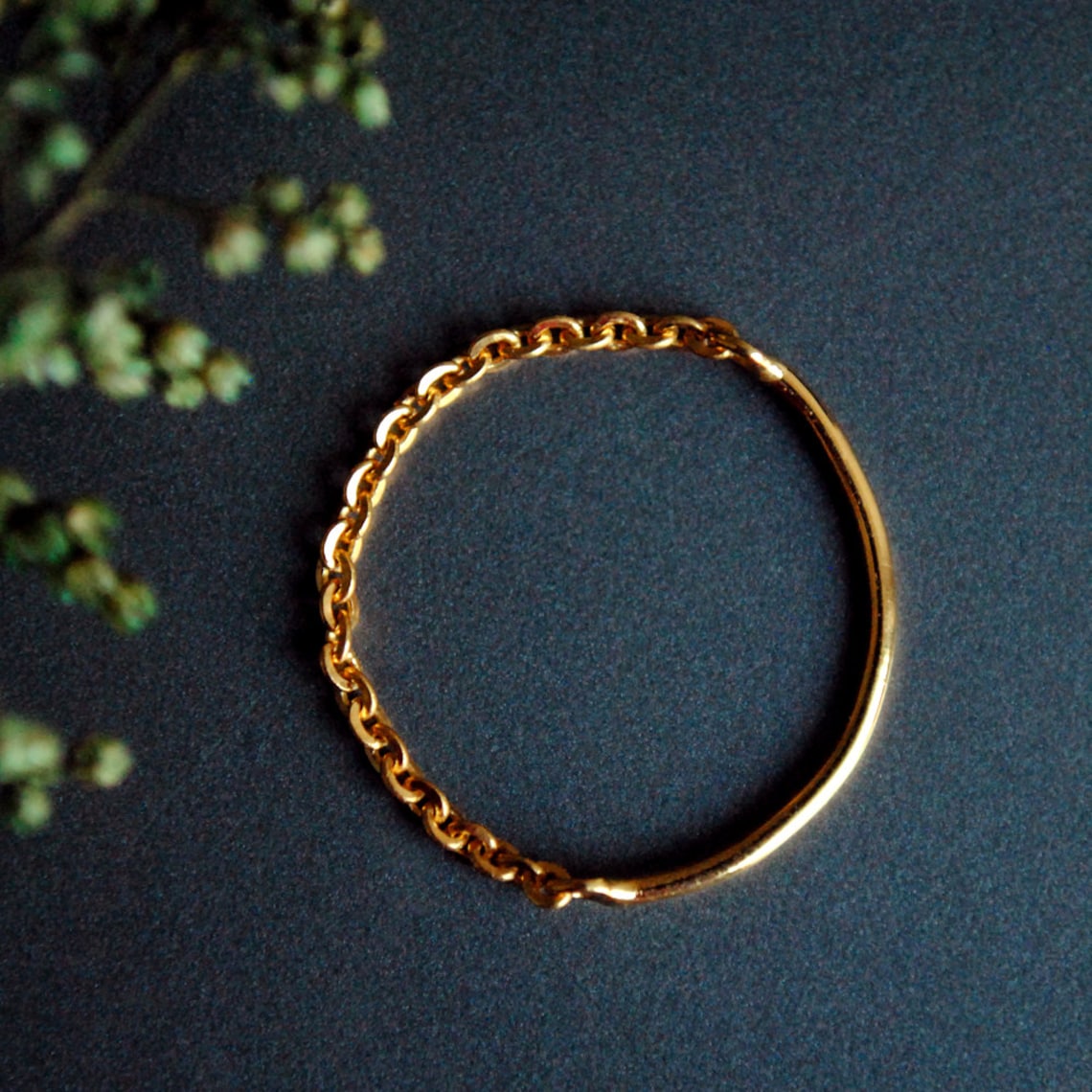 18K Solid Gold Chain & Band Ring Simple Skinny Gold Stacking - Etsy