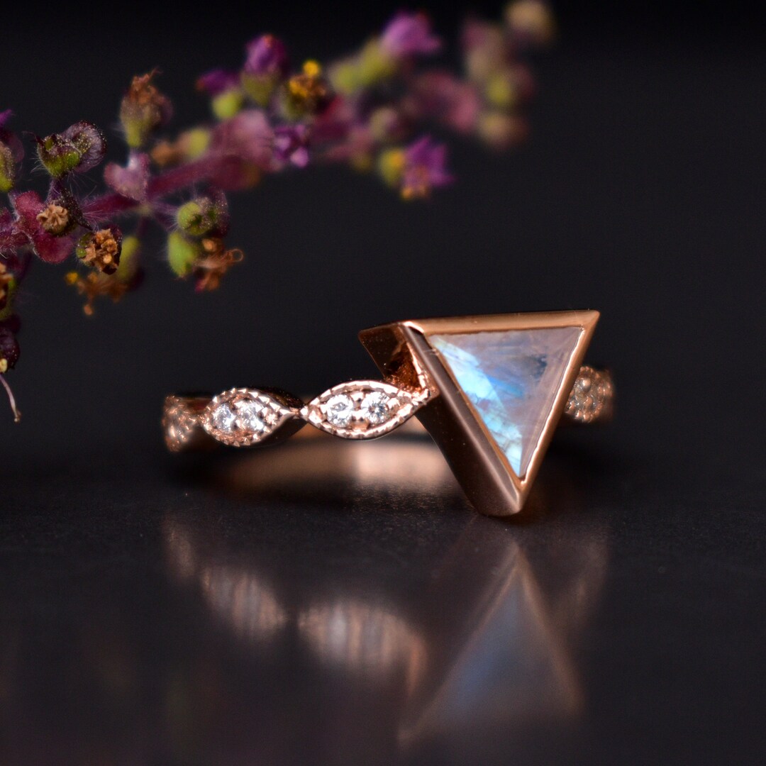 Triangle Moonstone Engagement Ring With Diamond Studded Leaf - Etsy