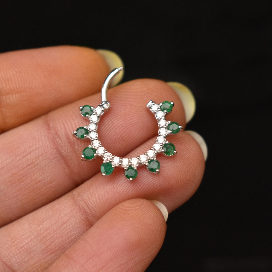 6-12mm Emerald & Diamond Clicker Hoop, 14k 18k Solid Gold Septum Daith ...