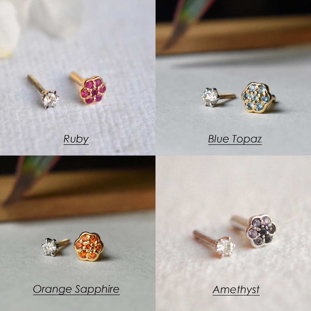 Natural Gemstone Double Sided Stud With Diamond Back in 14k Solid Gold, Two Sided Multi-colored ...