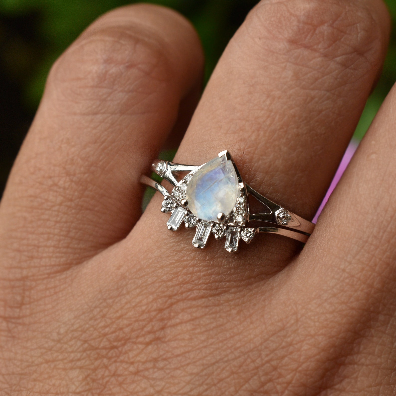 7x5mm Pear Moonstone Engagement Ring With Curved Diamond Band - Etsy