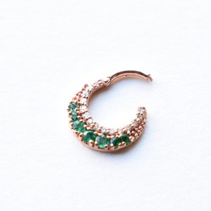 Crescent Emerald Diamond Septum Daith Ring, 14K 18K Solid Gold Clicker Earring, Natural ...