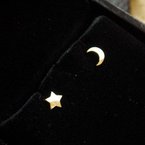 Star Moon 14K Solid Gold Stud Earrings, Celestial Flatback Pushback Studs, Cartilage Helix ...