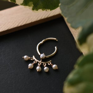 14k 18k Solid Gold Dangling Pearls Septum Clicker, 6 8 10mm Helix Hinged Hoop Ring, 16g 18g ...