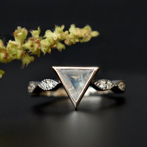 Triangle Moonstone Engagement Ring With Diamond Studded Leaf - Etsy