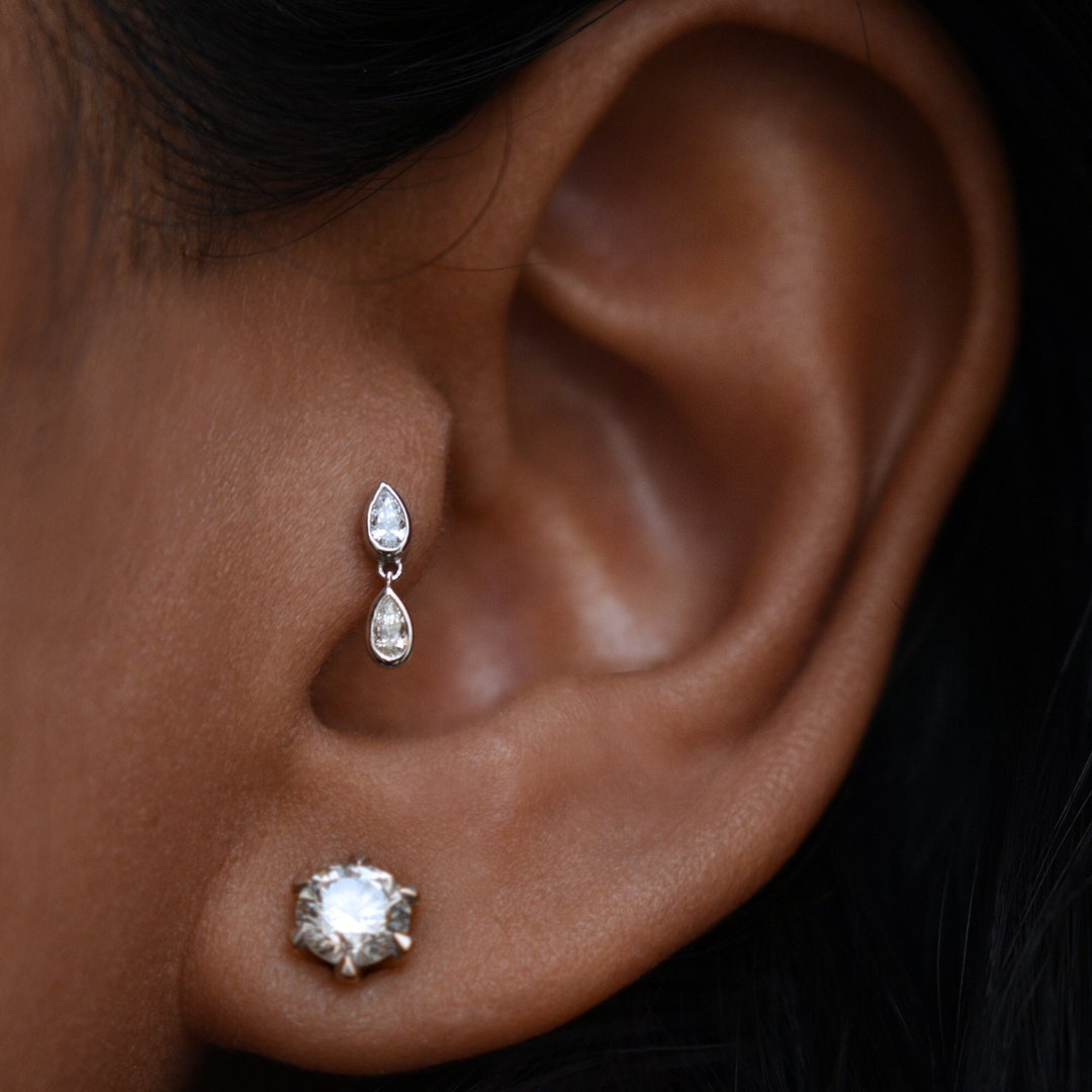 Natural Pear Diamond Bezel Drops Stud, Teardrop Gothic Tiny Dangle Stud, 14k 18k Solid Gold ...