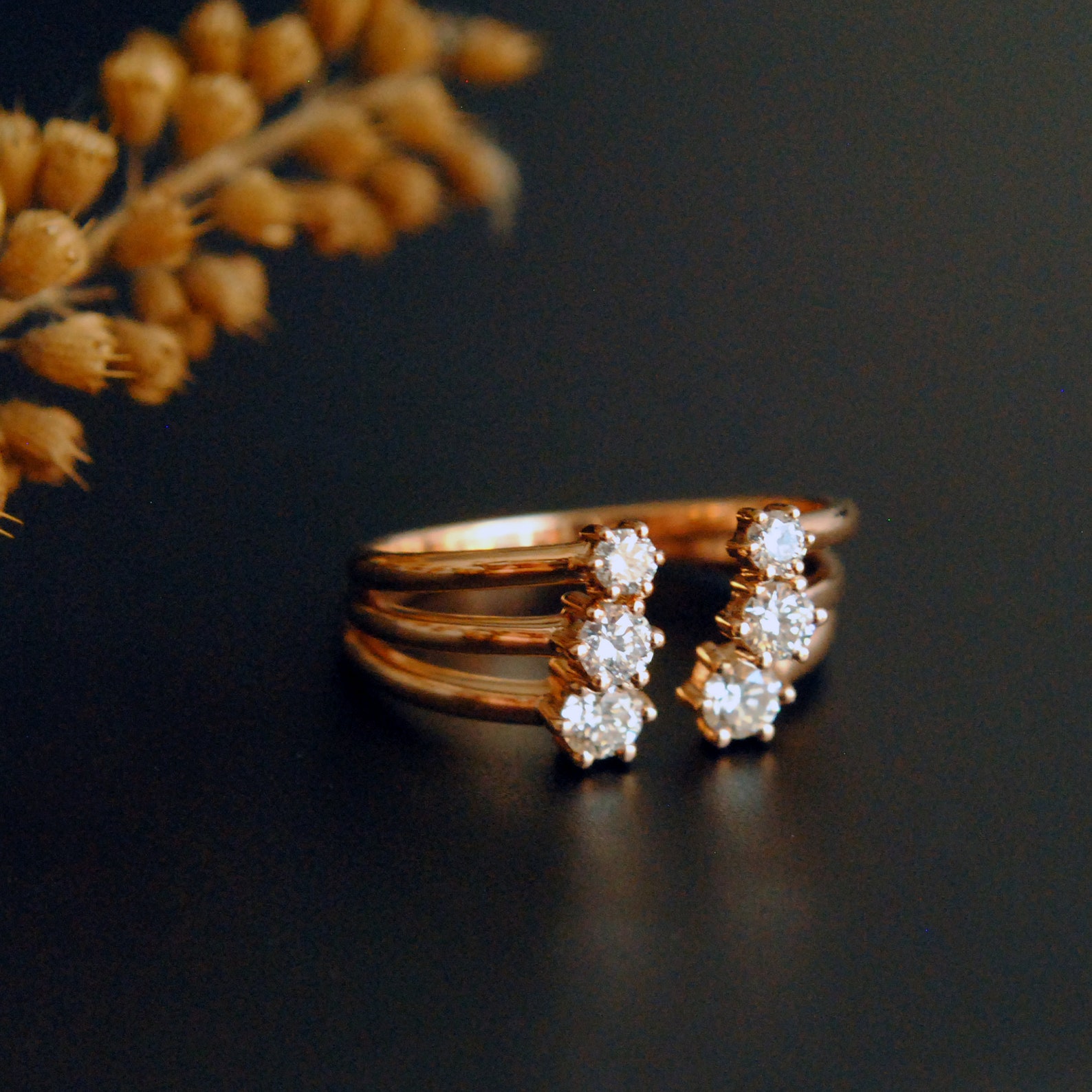 Two Diamond Open Ring 14K Gold Stack Wedding Band Right Hand - Etsy