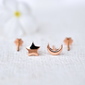 Star Moon 14K Solid Gold Stud Earrings, Celestial Flatback Pushback Studs, Cartilage Helix ...