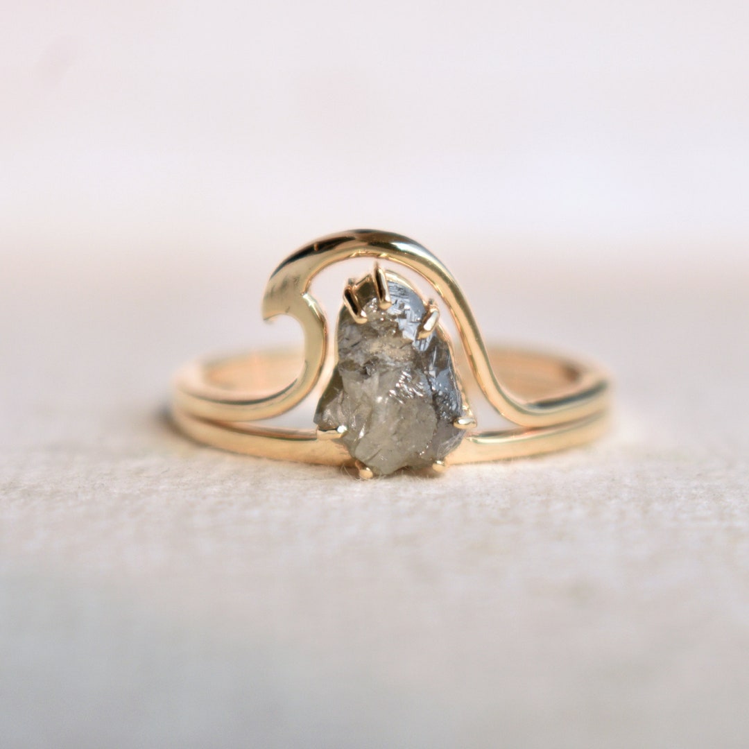 Gray Rough Diamond Wave Ring Set, 14K Solid Yellow Gold Rings, Ocean ...