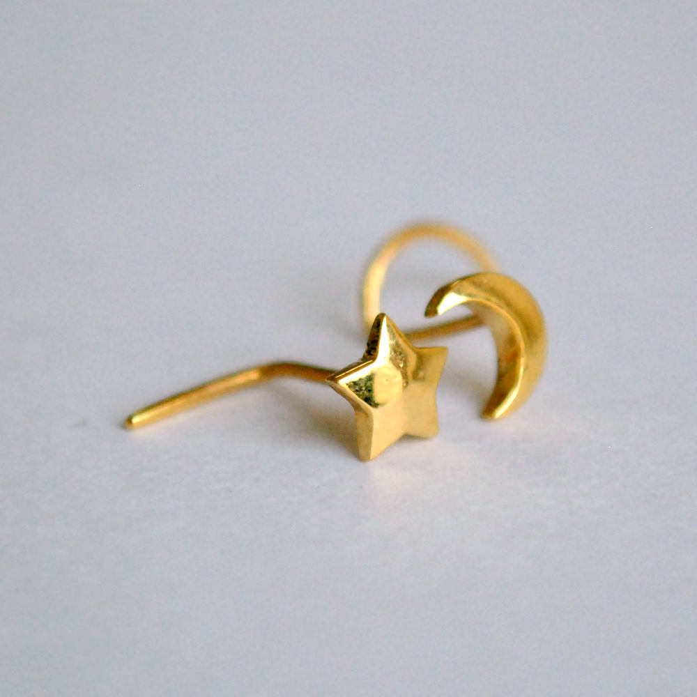 Star Moon 14K Solid Gold C/L Wire 21g Twist Nose Pin, Celestial Zodiac ...