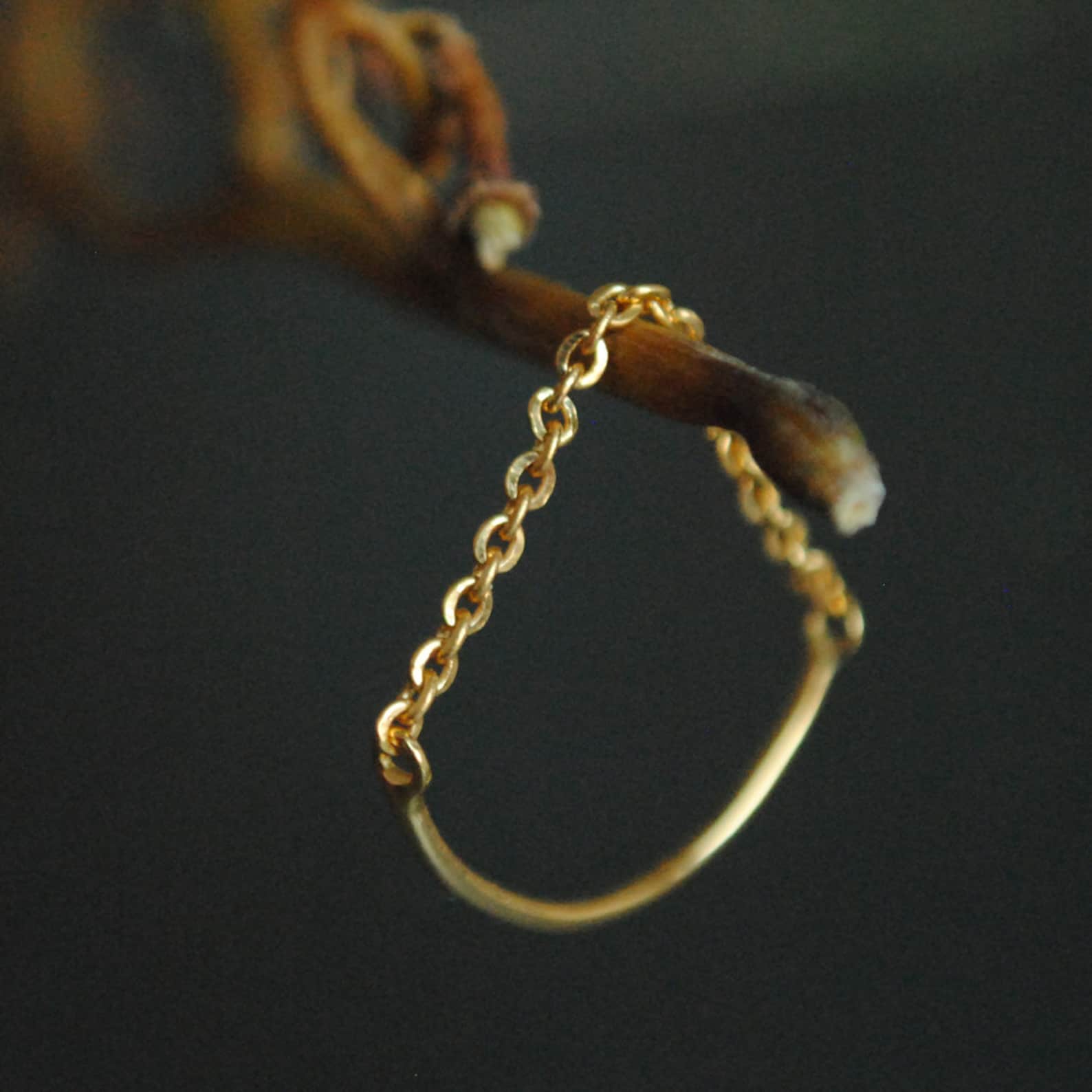 18K Solid Gold Chain & Band Ring, Simple Skinny Gold Stacking Ring ...