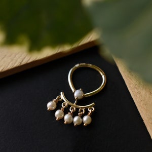 14k 18k Solid Gold Dangling Pearls Septum Clicker, 6 8 10mm Helix Hinged Hoop Ring, 16g 18g ...
