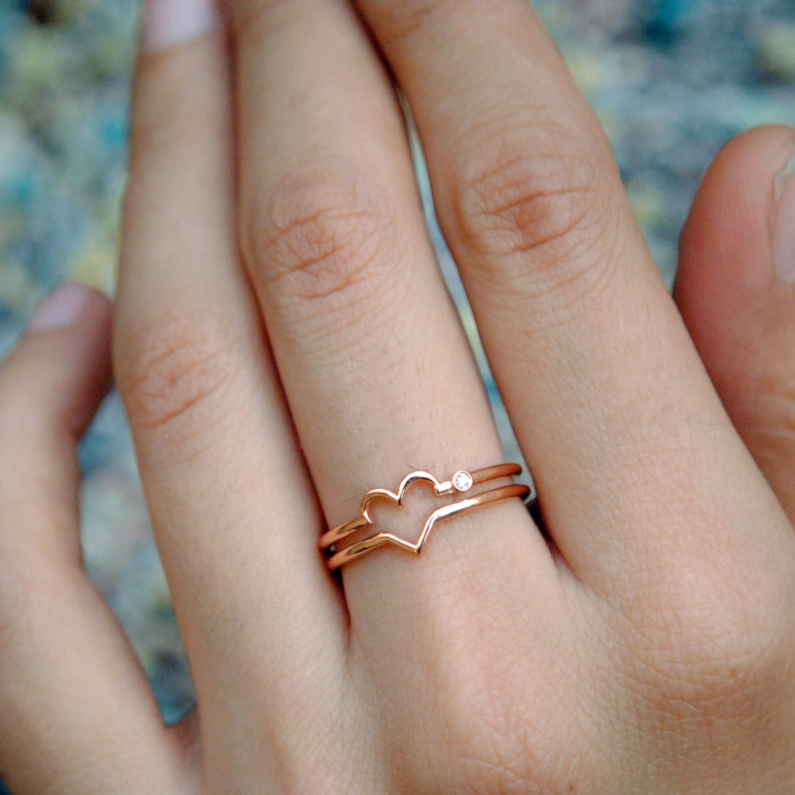 Anillo de corazón de amor de oro rosa de 14k con diamante | Etsy