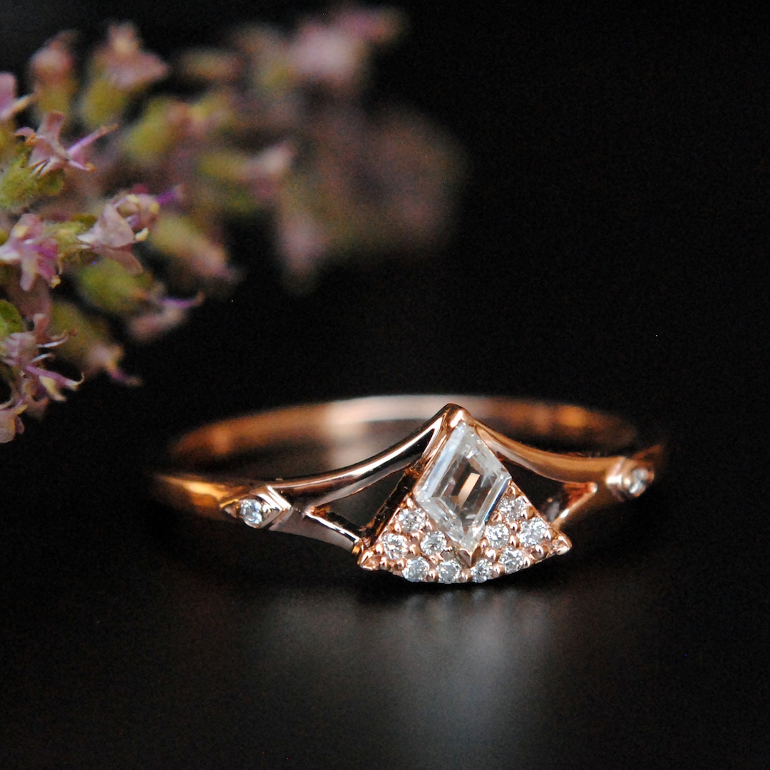 READY TO SHIP Rose Cut Kite Diamond Engagement Ring, 14k Rose Gold ...