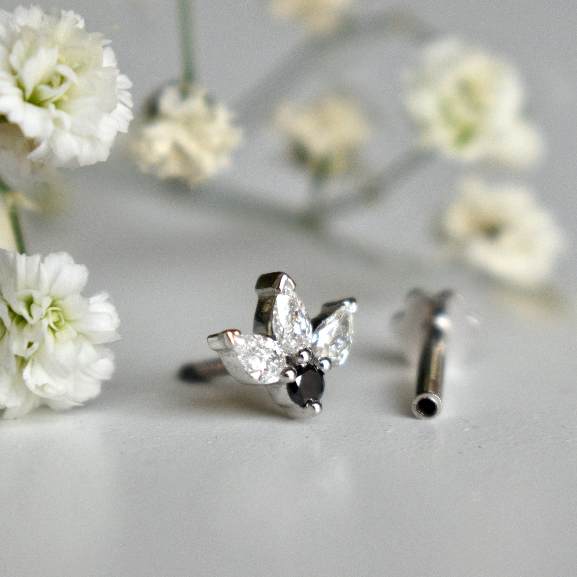 Black & White Natural Diamond Lotus Flower Pin 14k Gold Ear - Etsy