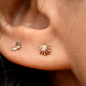 14k 18k Solid Gold Sun Stud, Natural Diamond Sunrays Piercing Jewlery ...