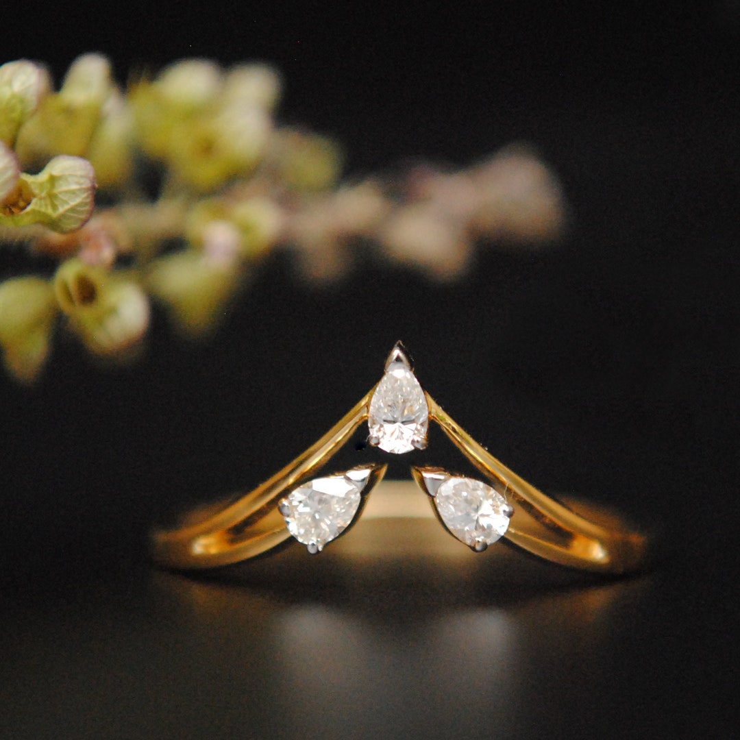 Pear Diamond Chevron V Ring, Stackable 14k 18k Gold Wedding Band ...