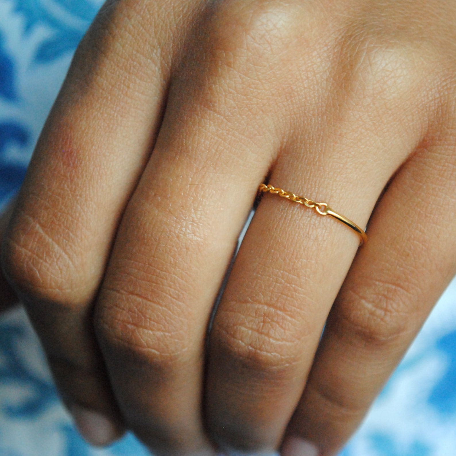 18K Solid Gold Chain & Band Ring, Simple Skinny Gold Stacking Ring ...