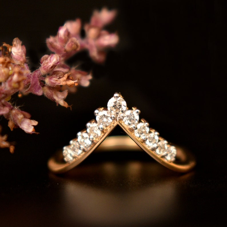 11 Diamond Deep V Chevron Stack Ring in 14K Solid Gold Crown - Etsy