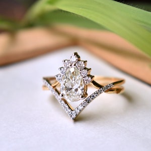 1 Carat Pear Natural Diamond Interlocking Wedding Ring Set, 14k 18k Solid Gold Crossover Bridal ...