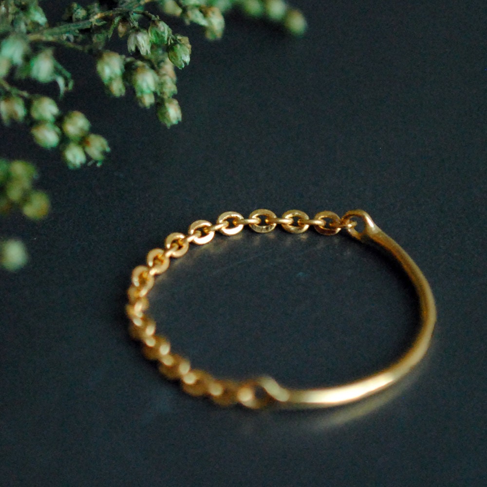 18K Solid Gold Chain & Band Ring, Simple Skinny Gold Stacking Ring ...