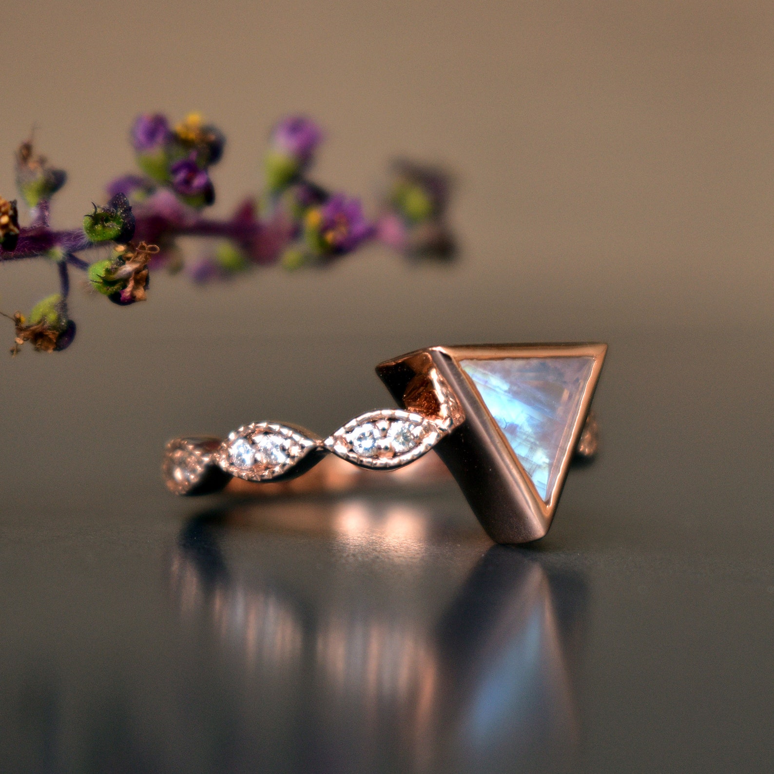 Triangle Moonstone Engagement Ring With Diamond Studded Leaf - Etsy