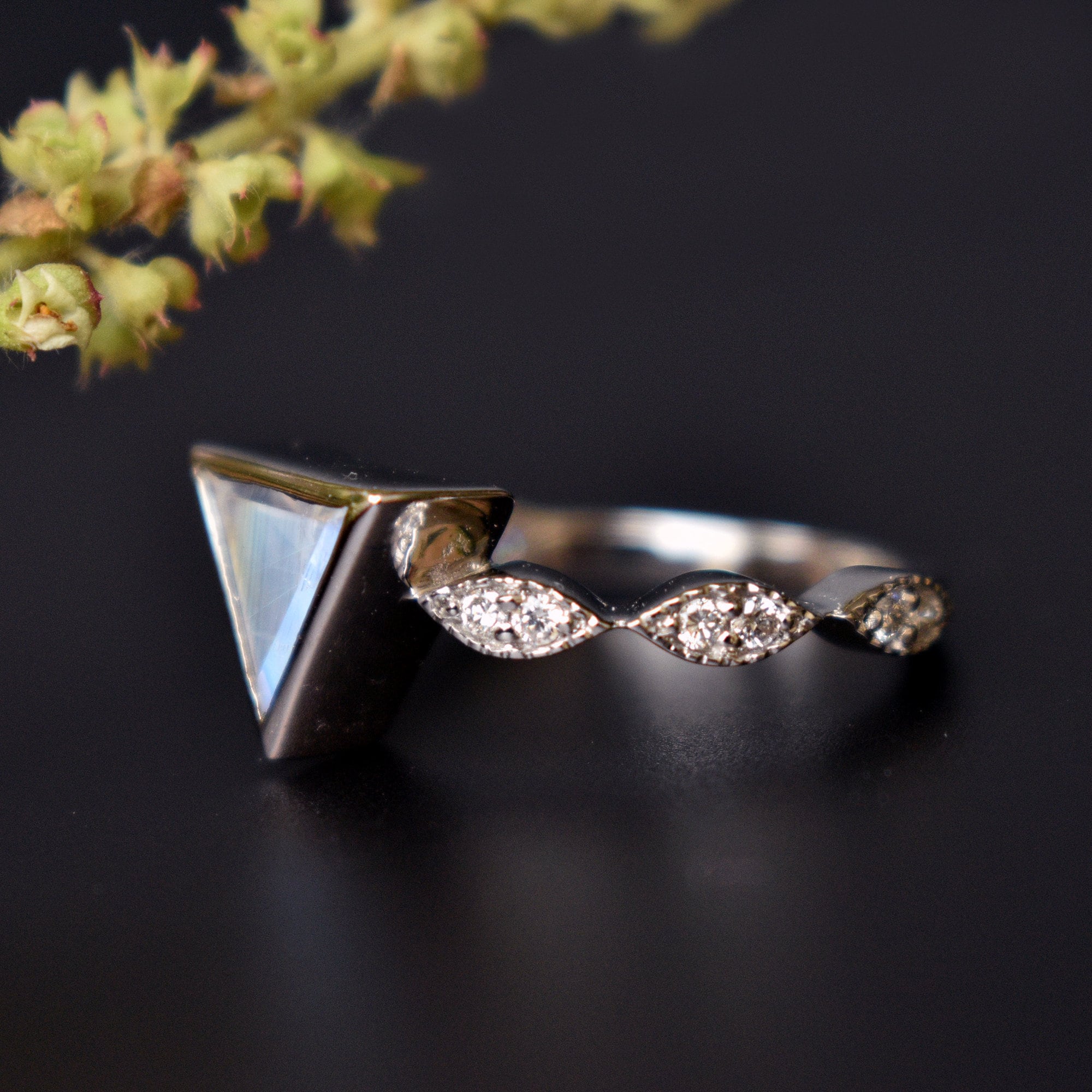 Triangle Moonstone Engagement Ring with Diamond Studded Band | Etsy