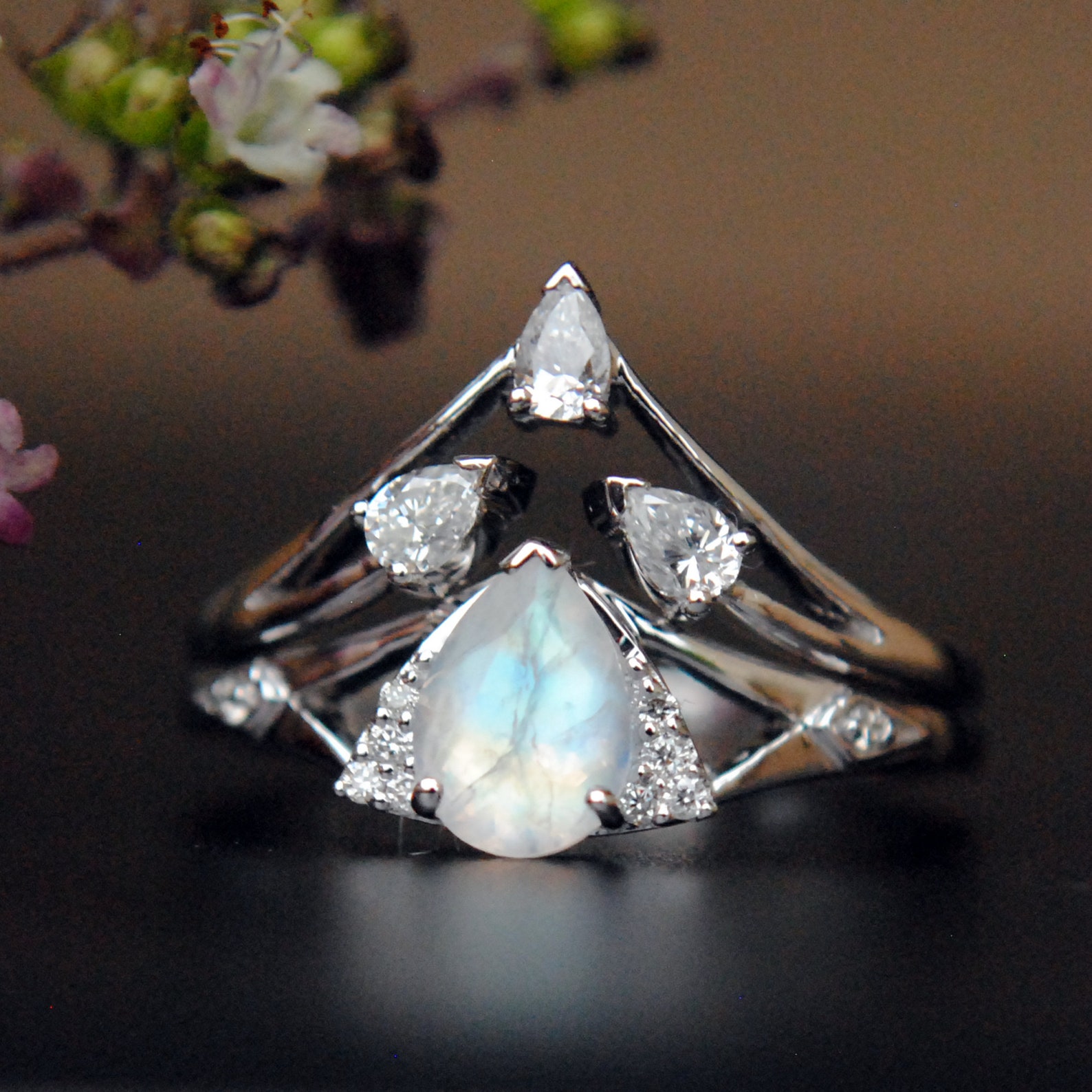 Moonstone Engagement Ring Set 14k Gold Rainbow Moonstone and - Etsy