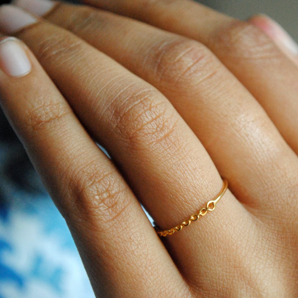 18K Solid Gold Chain & Band Ring Simple Skinny Gold Stacking - Etsy
