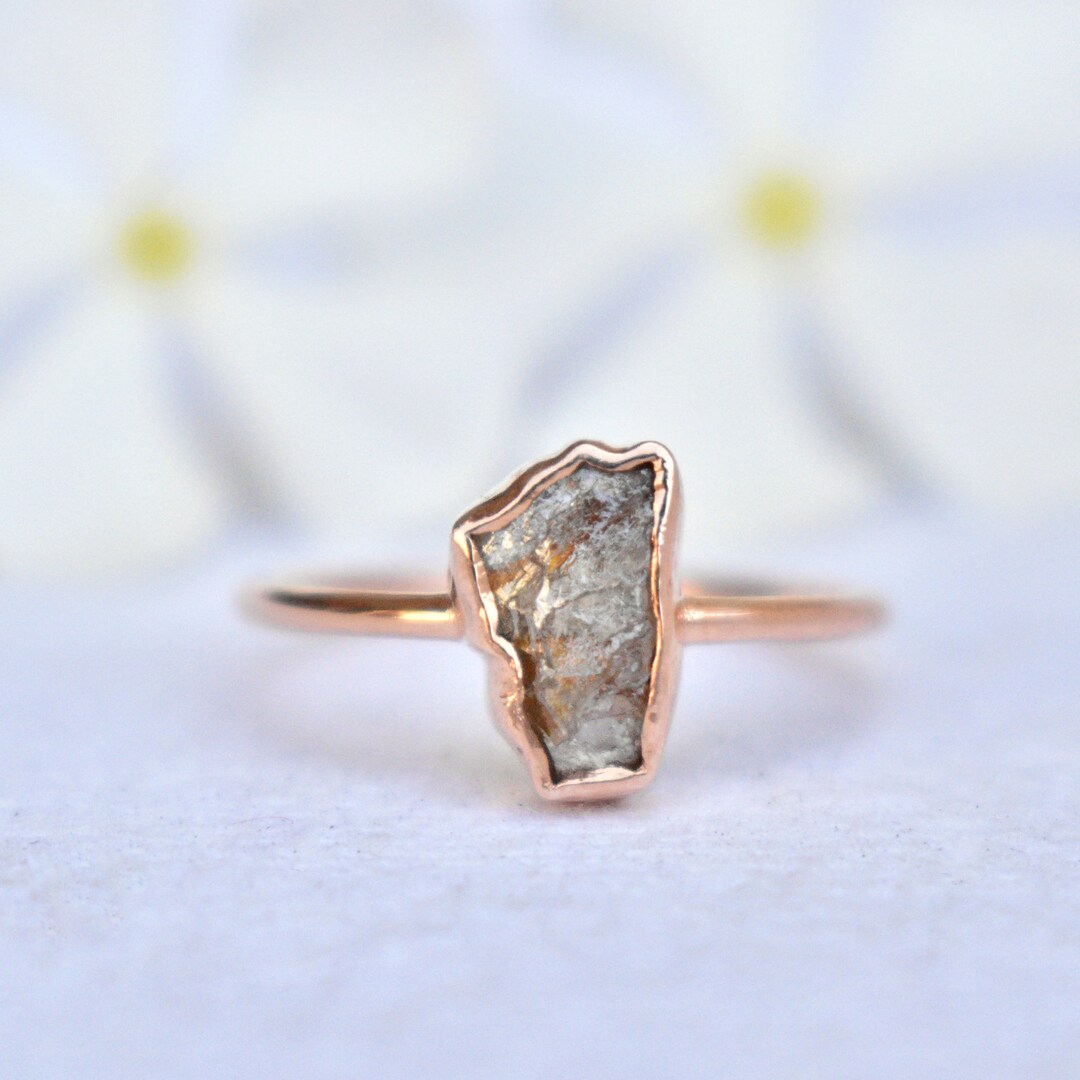 Rough Natural Diamond Bezel Set Engagement Ring, Solid 14K 18K Gold ...