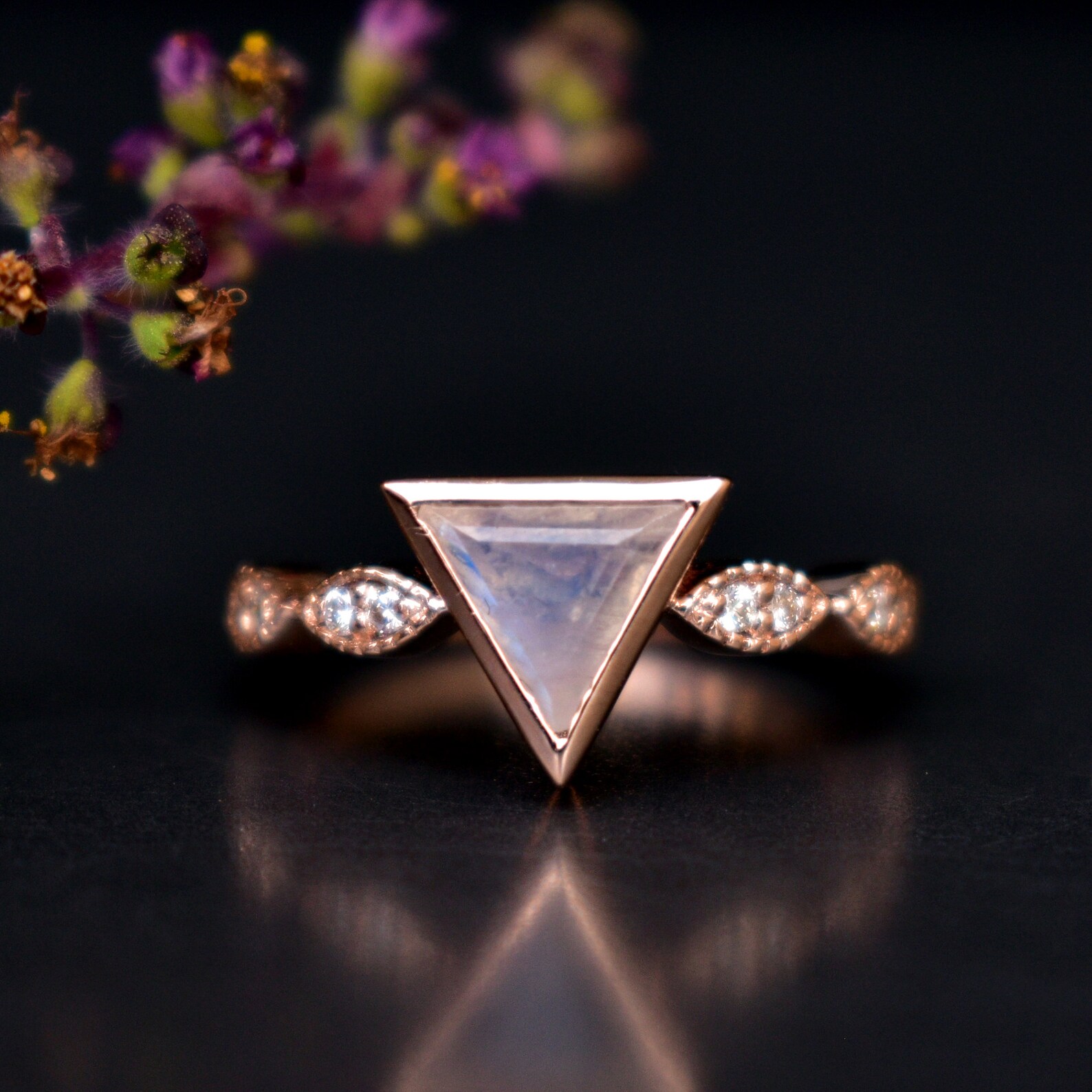 Triangle Moonstone Engagement Ring with Diamond Studded Band | Etsy