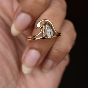 Gray Rough Diamond Wave Ring Set, 14K Solid Yellow Gold Rings, Ocean Tide Current Ring, Wave ...