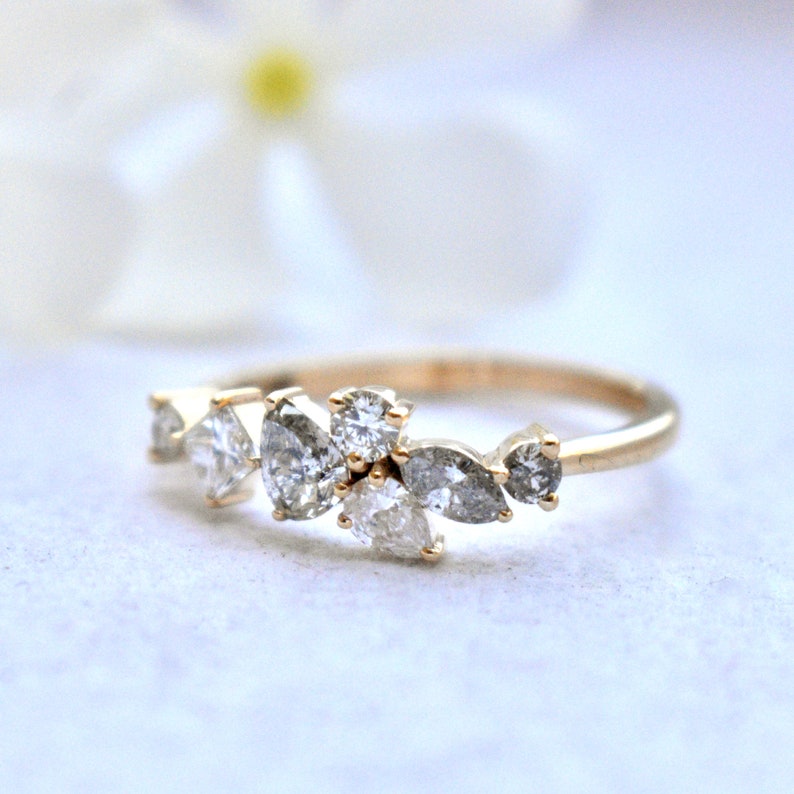 Diamond Asymmetric Cluster Band Solid 14k 18k Gold Ring With - Etsy